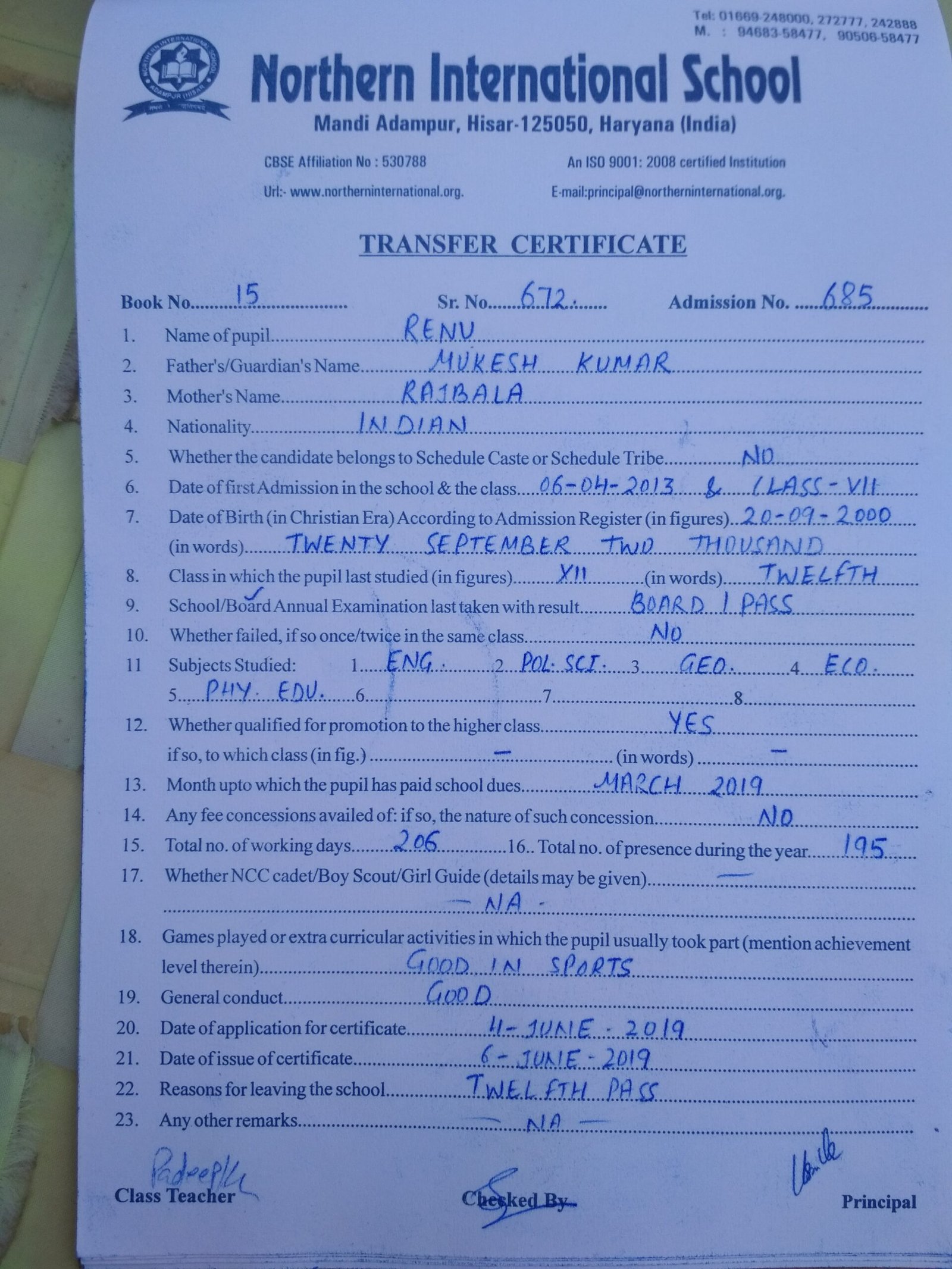 Transfer Certificate – Northern International School | Mandi Adampur, Hisar